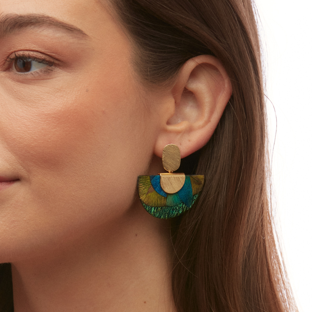 Anvik Half Circle Drop Earrings with Gold & Peacock Feathers