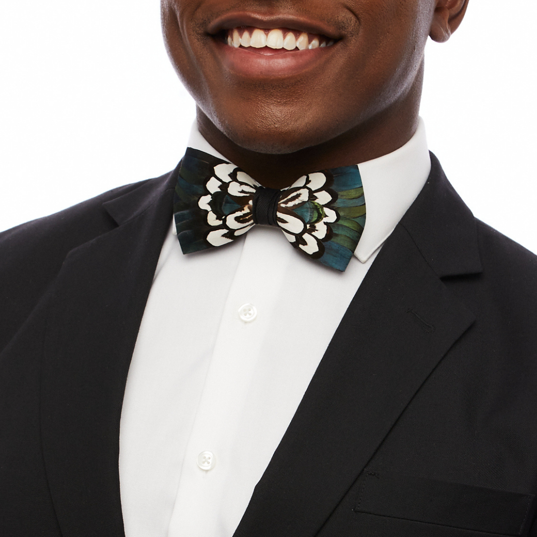 Navy Blue, Forest Green, Black, & White Bow Tie with Feathers