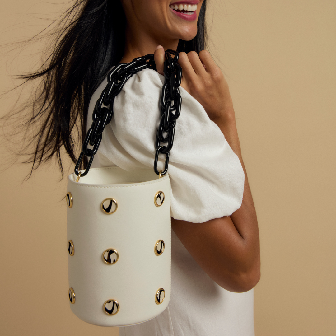 Greenwich Bucket Bag | Pheasant Feathers | Black & White Handbag
