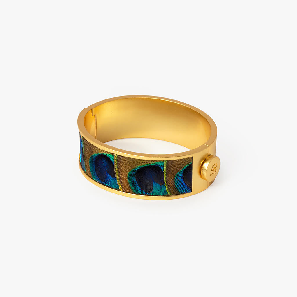 Elena Hinge Cuff | Natural Peacock Feathers | American Craftsmenship
