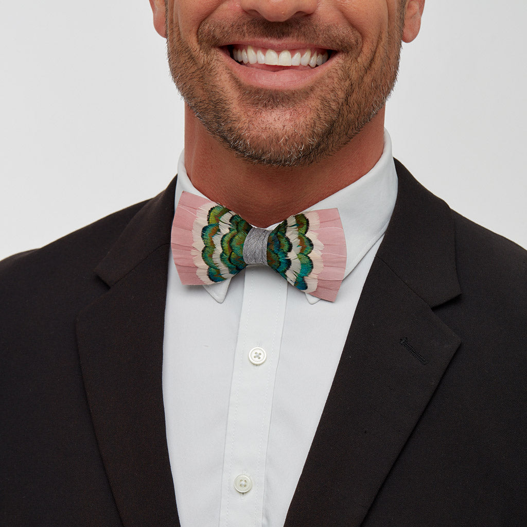 Men's Pink, Cream, & Green Bow Tie with Genuine Bird Feathers