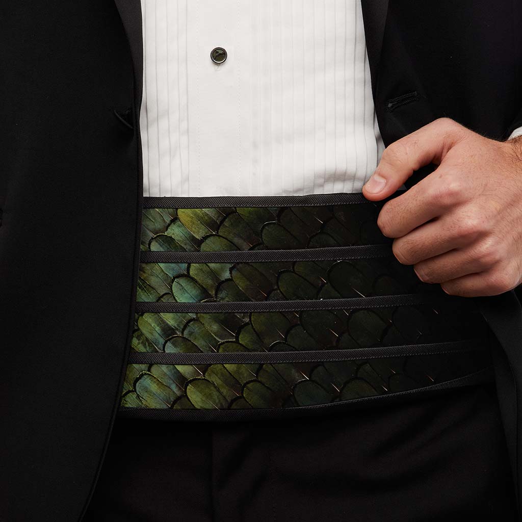 "Kirby" Green Cummerbund - Hand-Stitched Pheasant Feathers